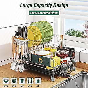 slhsy Dish Drying Rack,2 Tier Dish Racks for Kitchen Counter, Rust-Proof Dish Drainer,Large Dish Drying Rack with Drainboard,Utensil Holder,Knife Block and Drying Mat