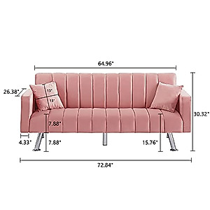 Lamerge Sofa Bed, Modern Convertible Sleeper Sofa Bed with 2 Pillows, Wooden Frame and Metal Legs, Small Folding Sofa Couch for Living Room, Bedroom, Compact Spaces - Pink