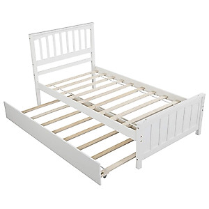 Harper & Bright Designs Twin Bed Frame with Trundle, Kids Platform Twin Bed with Pull Out Trundle,Solid Wood, No Box Spring Needed (White (Trundle))