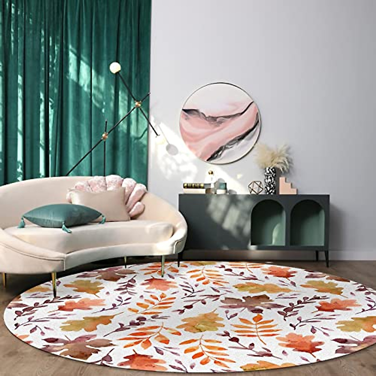 Fall Round Area Rug 3 Ft, Fall Thanksgiving Maple Leaves Soft Throw Rug Non-Slip Washable Carpet for Kid's Room, Nursery, Living Room, Bedroom, Teen's Room, Modern Home Decor