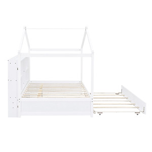 Harper & Bright Designs Full Size House Bed with Trundle, Wood Full House Bed with Storage Shelves, Full Montessori Bed for Kids with Roof for Girls, Boys,Brushed White