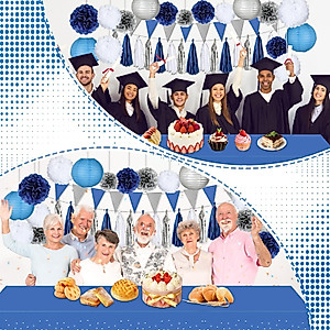 Navy Blue White Silver Graduation Party Decorations 30Pcs Birthday Blue White Banner Paper Lanterns Tissue Pom Poms Garland Streamers Dot Tablecloth for Boy Girl Baby Bridal Shower Wedding Supplies