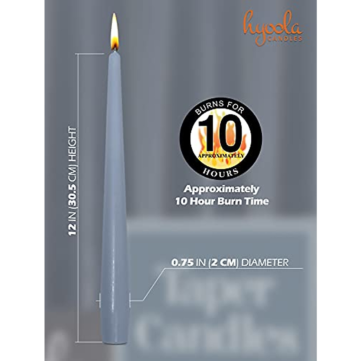 Hyoola Tall Taper Candles - 12 Inch Grey Blue Unscented Dripless Taper Candles - 10 Hour Burn Time - 12 Pack
