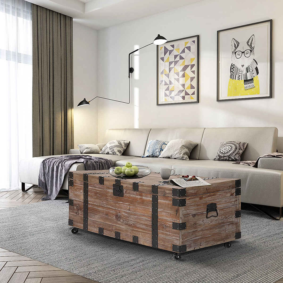 NewCosmos Antique Gray Solid Wood Table Set 3-Piece Furniture Ensemble with Storage Trunk & Side Tables - Eco-Friendly, Versatile Home Decor