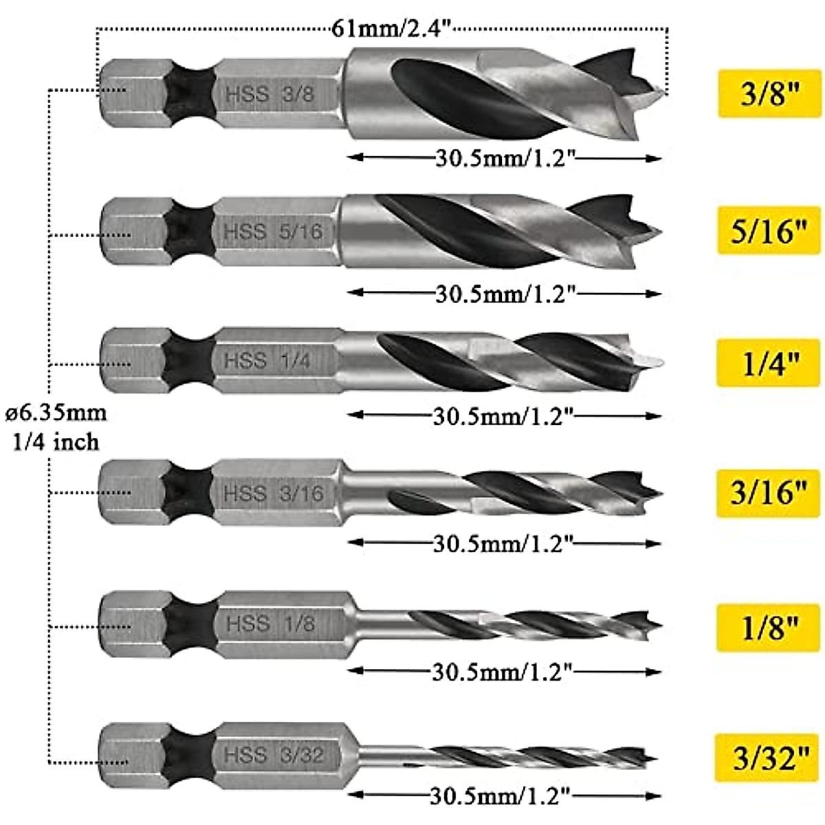 Bestgle 6 Pcs Brad Point Drill Bits(3/8", 5/16", 1/4", 3/16", 1/8", 3/32"), 1/4 Inch Hex Shank HSS Spiral Twist Wood Drill Bit Set for Soft, Hard, Veneered, Laminated Wood MDF Acrylic Woodworking Tool