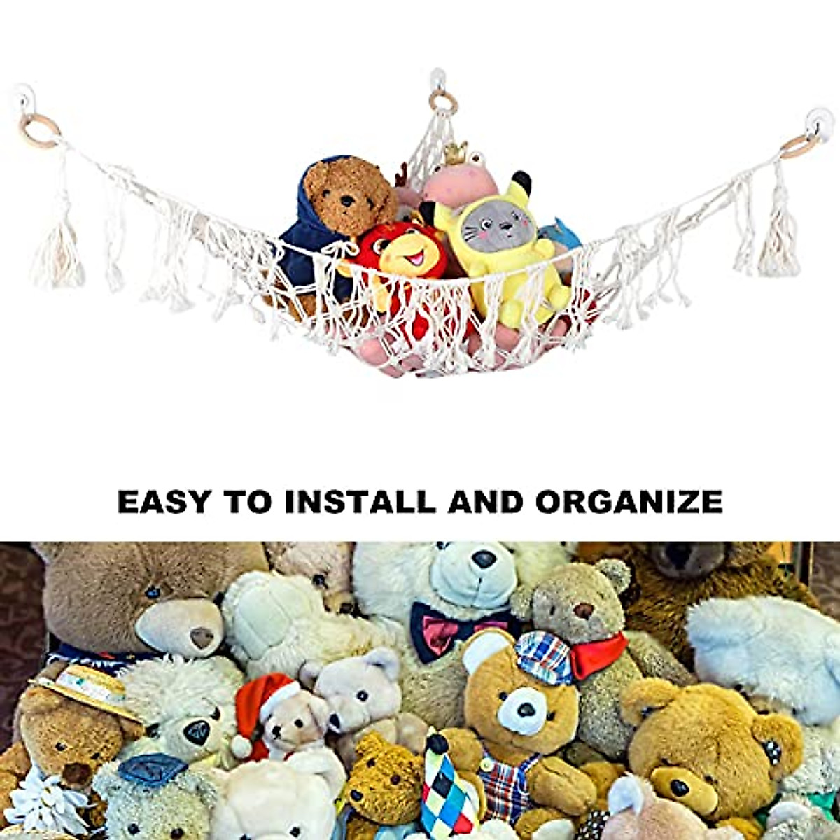 CHUWUJU Stuffed Animal Storage Hammock,Hanging Macrame Boho Tassels Hammock Net Toy Organizer Net Holder for Nursery Kids Bedroom,Perfect Home Decor