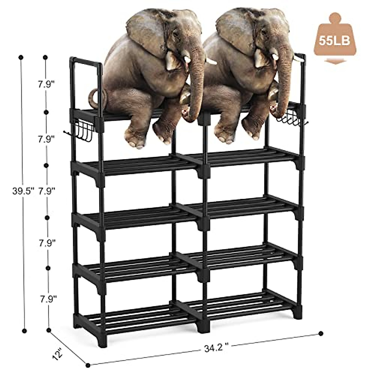 ROJASOP Shoe Rack Organizer for Closet Entryway, 20 Pairs 5-Tier Stackable Shoe Rack Storage Shelf for Hallway Bedroom Garage Dorm Free Standing Shoe Racks with Side Hooks Space Saving Shoe Rack