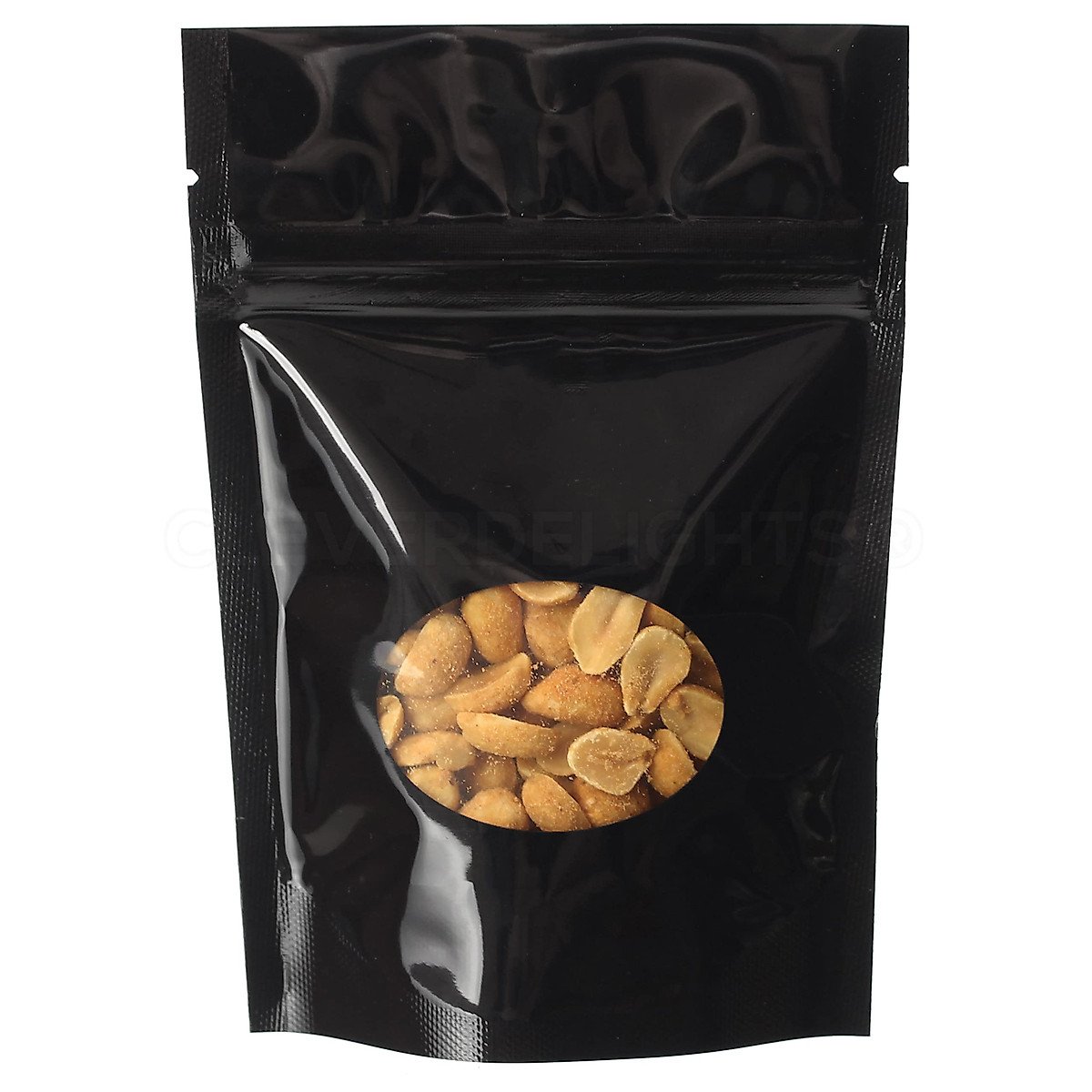 CleverDelights Glossy Black Window Stand Up Pouches - 2oz - 100 Pack - 4" x 6" x 2" - Resealable Bags