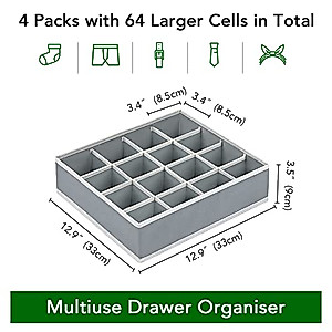 homsorout Sock Organizers, Large Underwear Organizers, Foldable Dresser Drawer Organizers for Clothing, Closet Organizers and Storage for Men's Socks, Stockings, Ties, Panties, 4 Packs (Grey)