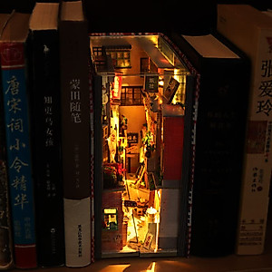 GuDoQi DIY Book Nook Kit, Dollhouse Wood Bookend, Booknook Bookshelf Insert, Miniature Dollhouse Kit, Bookends Model Build for Adult, Gift for Birthday, Chinese Past Street