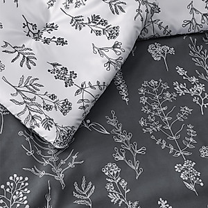 Bedsure King Comforter Set - Dark Grey Comforter, Cute Floral Bedding Comforter Sets, 3 Pieces, 1 Soft Reversible Botanical Flowers Comforter and 2 Pillow Shams