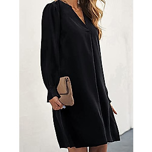 KINMIU Women's Long Sleeve V Neck Flowy Swing Shift Casual Funeral Dress Elegant Work Fall Dresses 2023(X-Large,Black)
