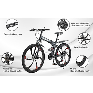 Outroad 26 Inch Folding Mountain Bike, 21 Speed Full Suspension High-Carbon Steel MTB Foldable Bicycle, Dual Disc Brake Non-Slip Folding Bikes for Adults/Men/Women, Black