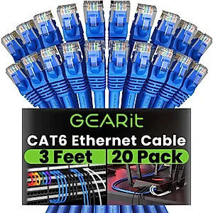 GearIT Cat 6 Ethernet Cable (20-Pack 3 Feet) Cat6 Network Patch, 10Gbps, RJ45, Snagless Cord, Gold-Plated Connectors, Internet for PC, TV, Tablet, Router, Printer, Servers, IT Data Center - Blue