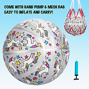 Richball Kids Basketball Size 5 Youth, 27.5" Girls Basketball Indoor Outdoor, Cartoon Unicorn Pink Basket Ball for Juniors Teens, Street Ball Games with 1 Pump, 1 Net