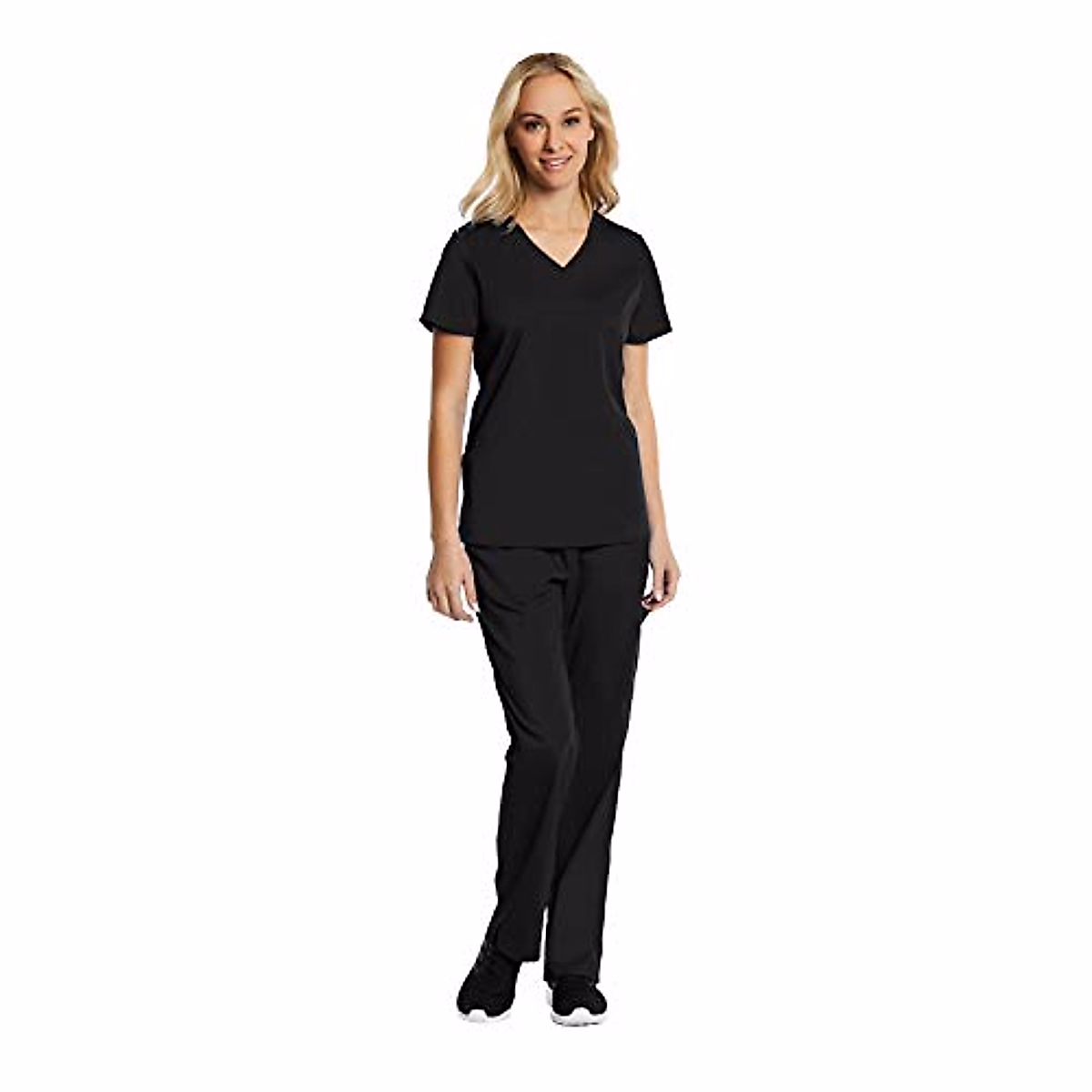 Scrubs for Women Set 6 Pocket 4-Way Stretch V-Neck and Semi-Tapered Pant Elements EL9925 (Black, Medium)