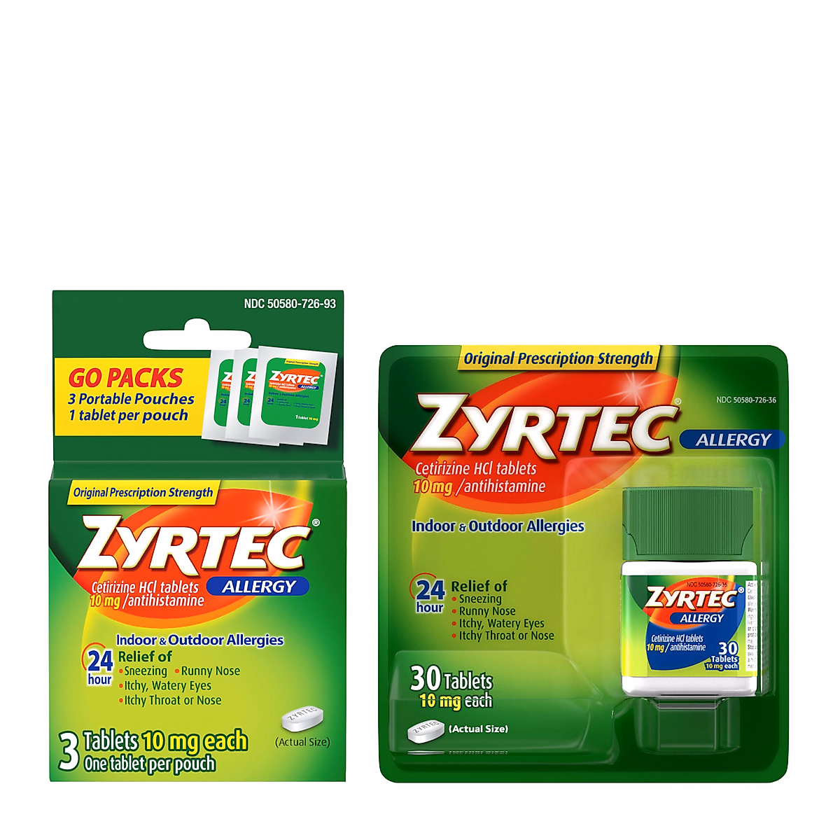 Zyrtec 24 Hour Allergy Relief Tablets, Indoor & Outdoor Allergy Medicine with 10 mg Cetirizine HCl Antihistamine for Allergies, Bundle of one, 30 ct Bottle & Three,1 ct Travel Packs
