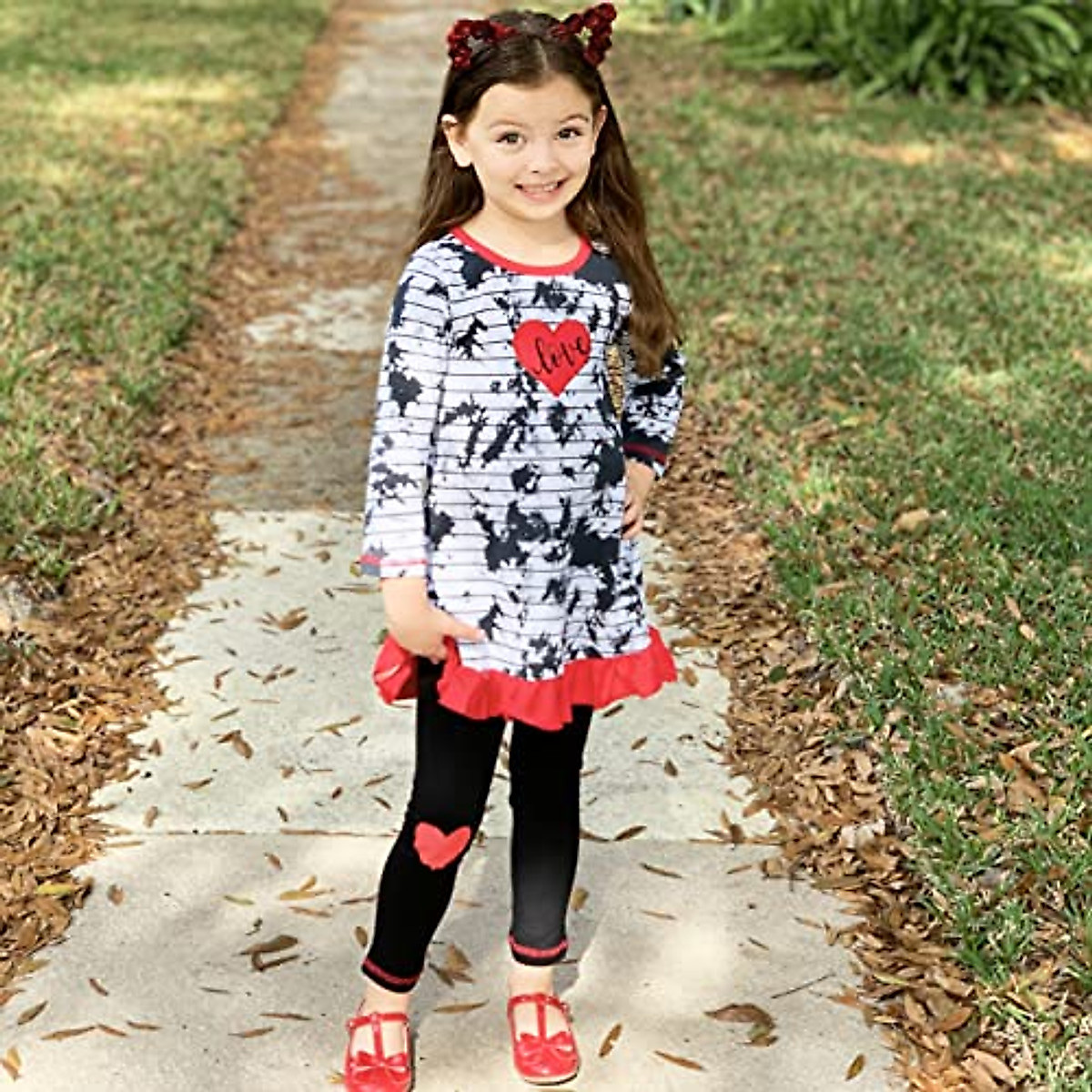 AnnLoren Girls Valentine's Day Heart Tie Dye Outfit Dress and Black Leggings size - 7/8.