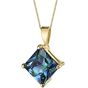 PEORA 14K Yellow Gold Created Alexandrite Pendant for Women, 3 Carats Princess Cut, Color-Changing Solitaire AAA Grade