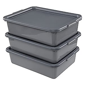 Afromy 3-Pack 13 L Plastic Bus Tub, Commercial Utility Bus Boxes with Lids, Gray, f