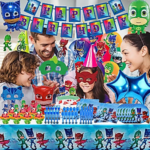 129pcs Pj-Masks Birthday Party Supplies Including Banners, Tablecloths, Cutlery, Spoons, Plates, Napkins, Hanging Swirls, Balloons, Cake Toppers, Cupcake Toppers, Character Foil Balloons