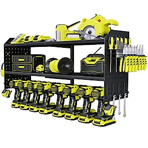 Jofuas Power Tool Organizer Wall-Mounted Metal Tool Rack for 8 Drill Bits with 2 Side Pegboards, Garage Organizing Storage Shelf with Screwdriver Holder/Plier Holder/Hammer Holder.