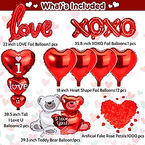 18 Inch Red Heart Shaped Balloons 40 Inch Bear Balloons Love Xoxo Balloons and 1000 Pieces Red Valentines Rose Petals for Valentine's Day, Anniversary Romantic Night Decoration
