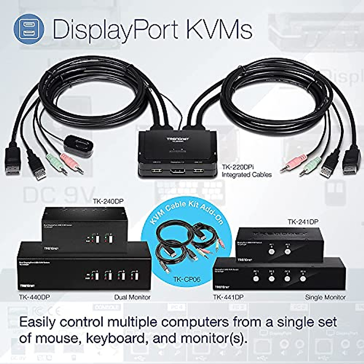 TRENDnet 6 ft. Display Port, USB, and Audio KVM Cable Kit, Compatible w/ TK-240DP KVM Switch, DisplayPort 1.2, USB Mouse/Keyboard, 3.5mm Audio Connections, TK-CP06