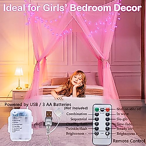 Pink Bed Canopy with Lights for Girls, 8 Corners Post Canopy Bed Curtain with Pink LED Star Lights Remote Control for Girls Bedroom, Hanging Princess Canopy for Twin Full Queen King Bed
