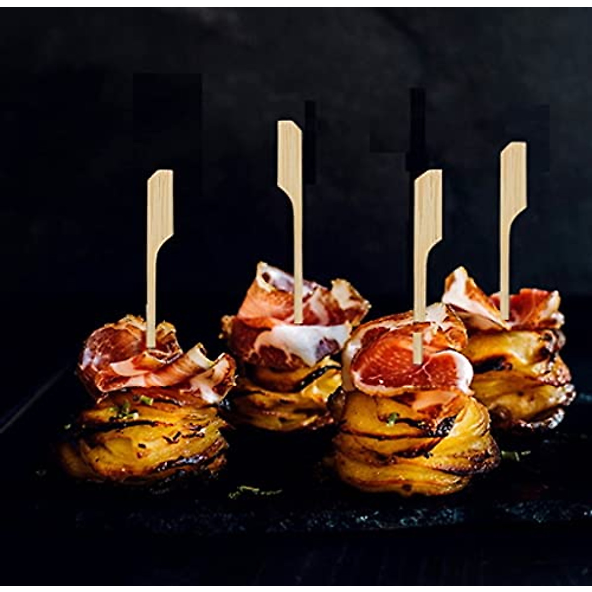 4” inch 100 pcs Bamboo Wood Paddle Picks Skewers Toothpicks for Cocktail，Appetizers, Fruit，Sandwich， Snacks, Package of Wooden Paddle Pick Skewer, Party Forks (1)