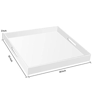 MIKINEE 20×20 Inches Glossy White Acrylic Sturdy Serving Tray Decorative Ottoman Coffee Table Trays Water Proof Bed Tray Counter Top Organizer