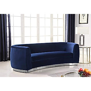 Meridian Furniture Julian Collection Modern | Contemporary Velvet Upholstered Sofa with Stainless Steel Base in Polished Chrome Finish, Navy, 91.5" W x 36" D x 28" H