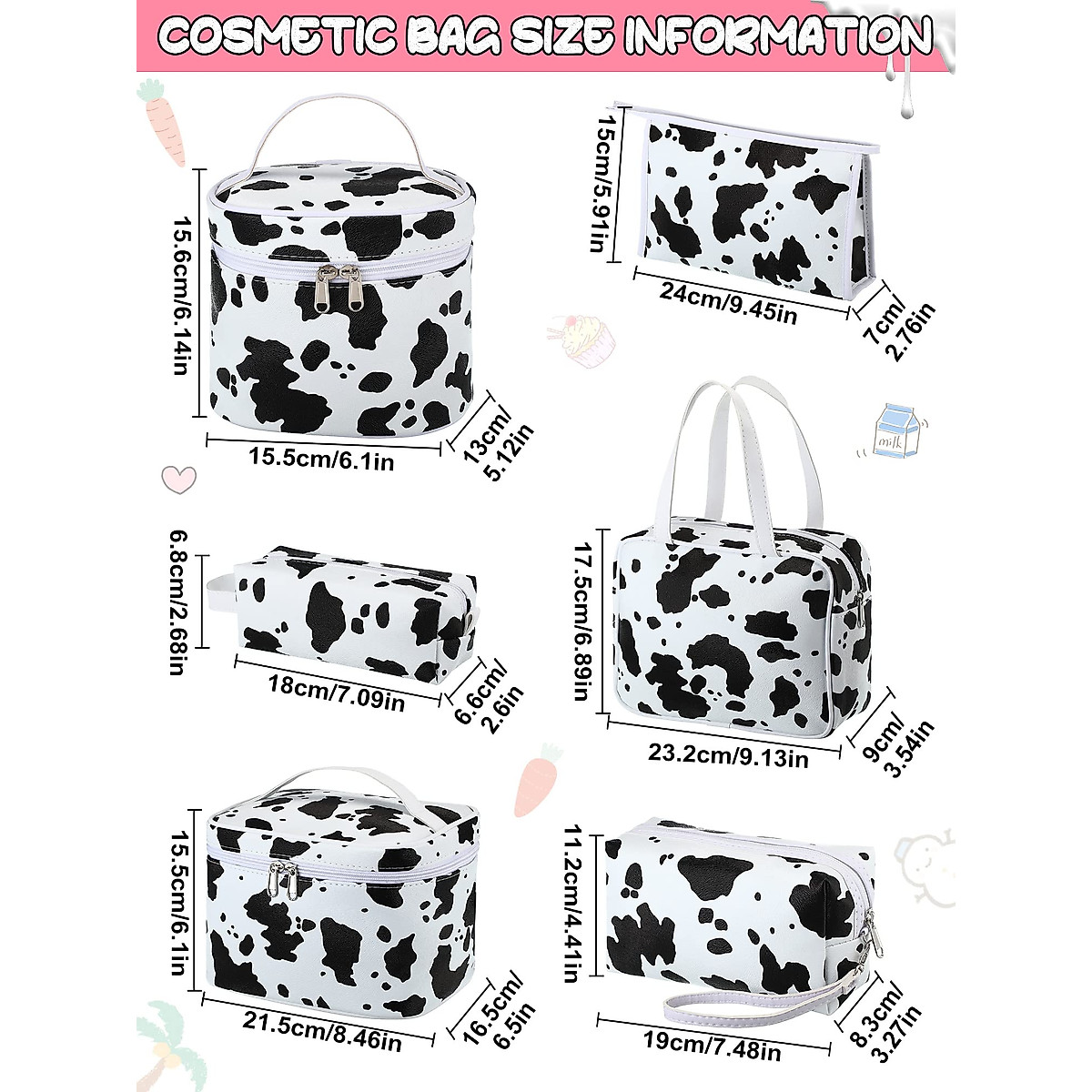 6 Pieces Makeup Bag Set Travel Cosmetic Bag Cow Print Makeup Bag Gifts for Women Bag Organizer with zipper Portable Makeup Case Cute Toiletry Bags Pouch Bags PU Leather Washable Waterproof