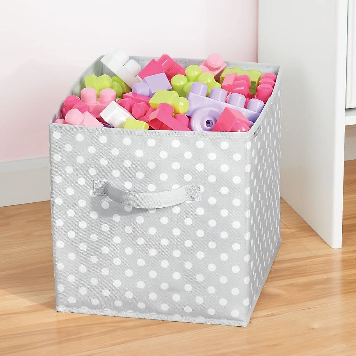 mDesign Soft Fabric Closet Storage Organizer Cube Bin Box, Handle - Storage for Baby Child/Kids Room, Nursery, Toy Room, Furniture Units, Shelf - 12.75" High - 2 Pack - Gray/White Polka Dots