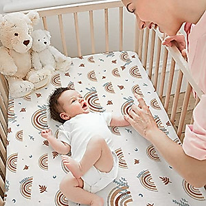Pack and Play Sheets 2 Pack Stretchy Pack N Play Sheets with Elastic Band, Portable Mini Crib Sheets Fitted Most Standard Size Crib Mattress, Soft and Breathable Material(Rainbow and Rabbit)