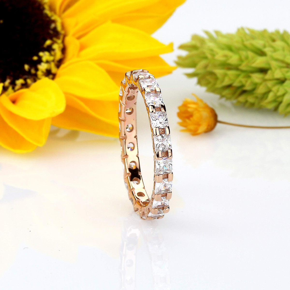 Double Accent Sterling Silver 14K Rose Gold Plated Princess CZ Rose Tone Eternity Ring Band 3MM (Size 4 to 12), 11