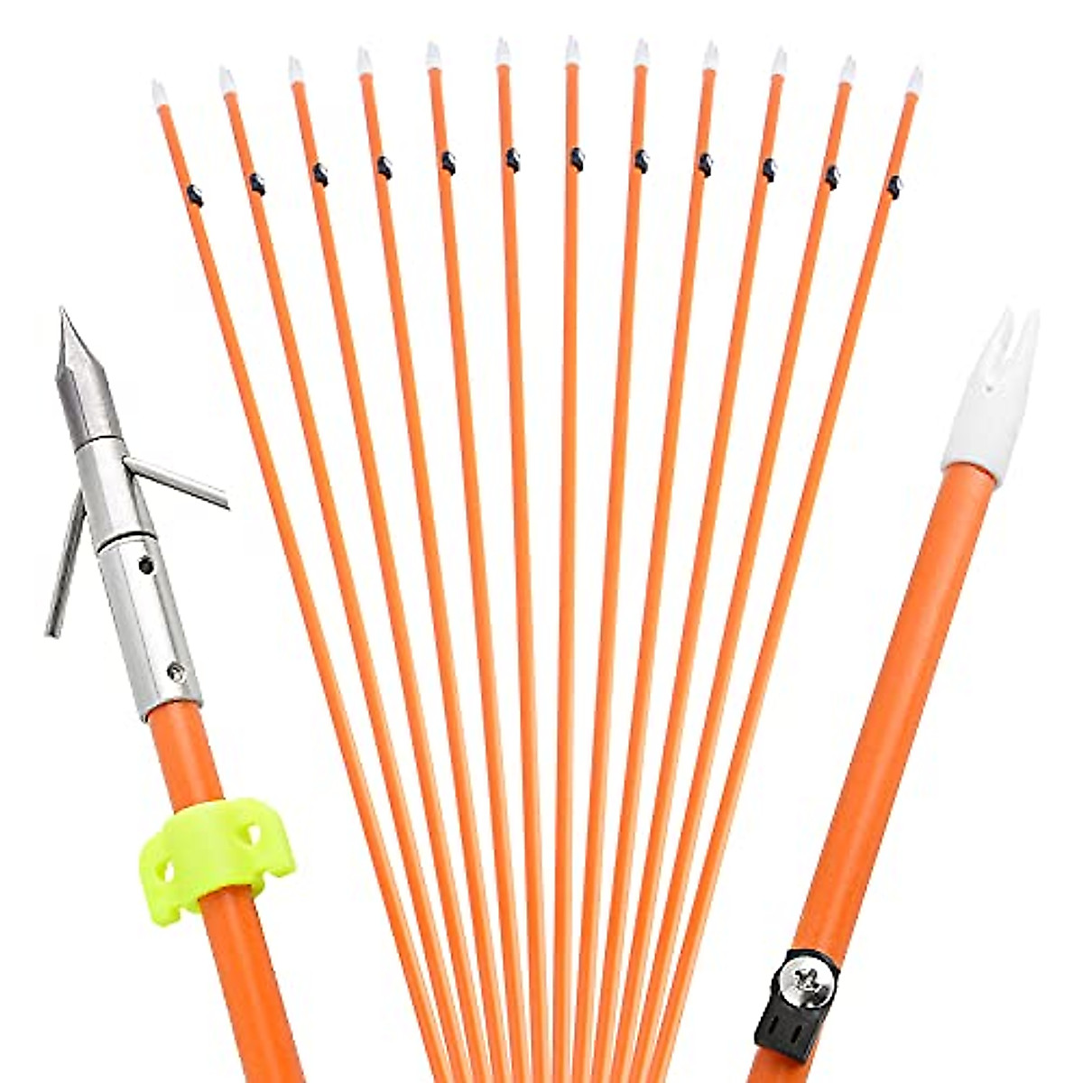 AMEYXGS 6/12pcs Archery Fiberglass Bowfishing Arrow Bow Fishing Arrows with Broadheads and Safty Slides for Compound and Bow Recurve Bow Fishing Hunting (6 PCS)