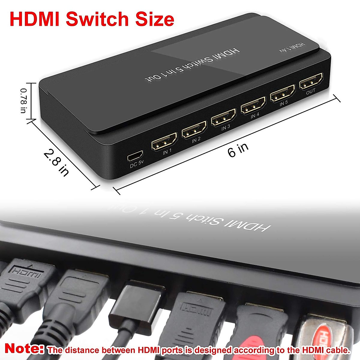RuiPuo 5Por tHDMI Switcher, HDMI Selector 5 in 1 Out with PIP Function and IR Wireless Remote Control for Fire Stick, Xbox, PS3/4, Roku, Apple TV and DVD Players ect Support 4K, 3D Ultra HD