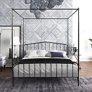 Tensun Detachable Queen Anti-Noise Platform Metal Canopy Bed with Headboard,Black