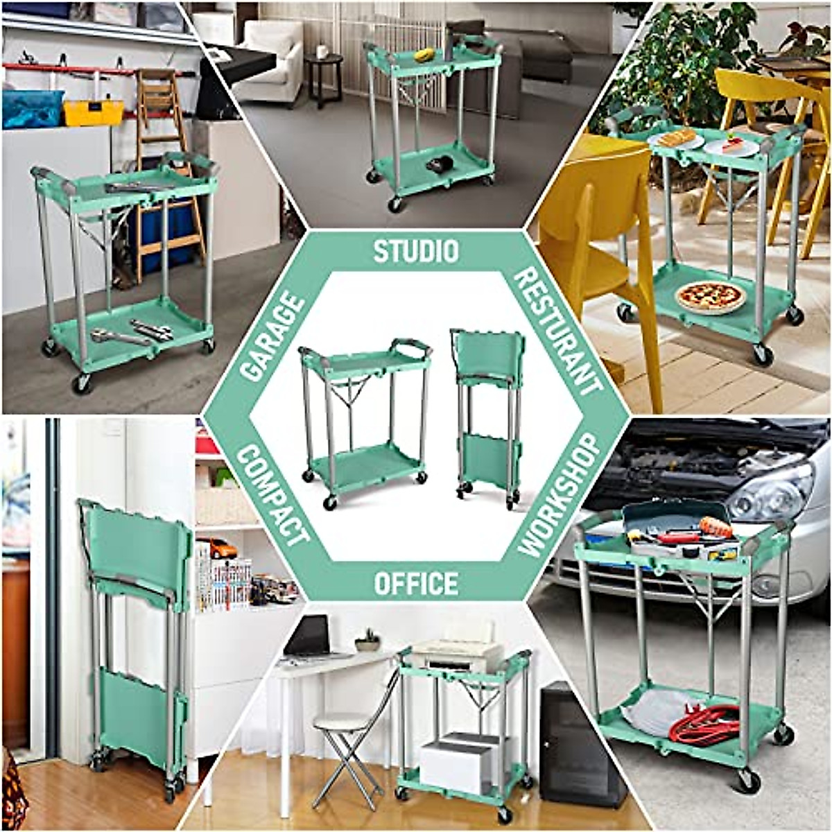 Olympia Tools 89-357 Pack-N-Roll Folding Collapsible Service Cart, Teal, 50 Lb. Load Capacity per Shelf, 2-Layers