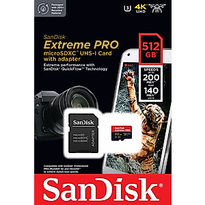 SanDisk 512GB Extreme Pro Durable, Captures 4K UHD Video, 200MB/s Read and 140MB/s Write microSD UHS-I Card for Recording Outdoor Adventures and Weekend Trips