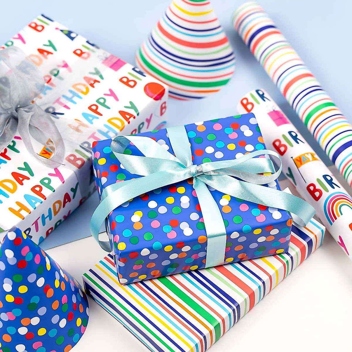 MAYPLUSS Birthday Wrapping Paper Roll - Mini Roll - 17 inch X 120 inch Per roll - Polka dots, Stripes Patterns (42.3 sq.ft.ttl)