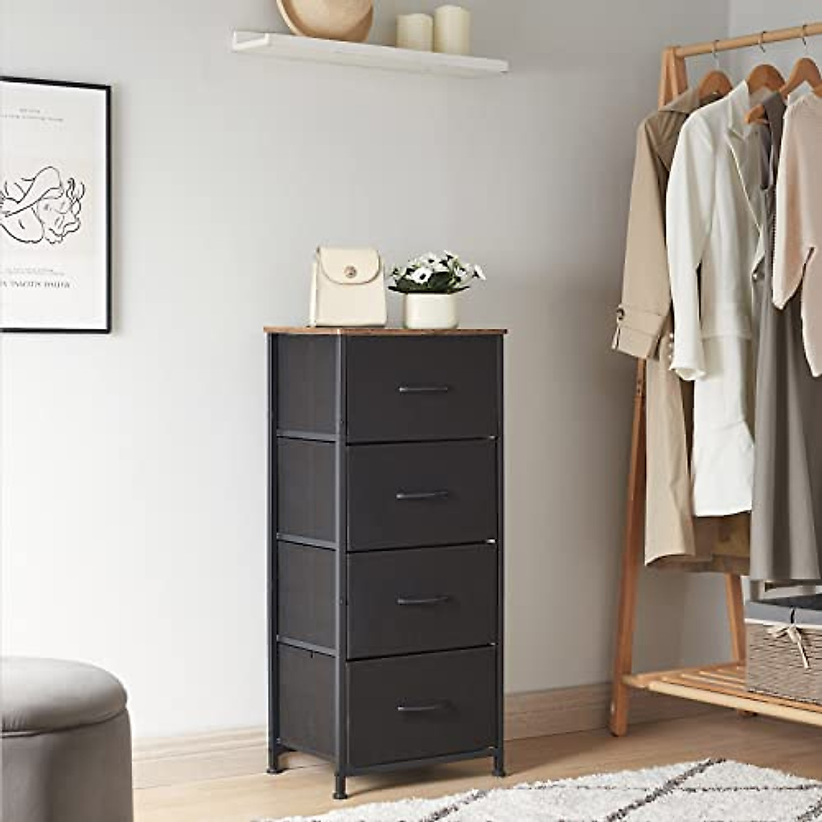 Somdot Tall Dresser for Bedroom with 4 Drawers, Storage Chest of Drawers with Removable Fabric Bins for Closet Bedside Nursery Laundry Living Room Entryway Hallway, Black/Rustic Brown