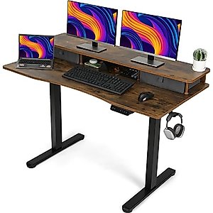 VOWNER Standing Desk Adjustable Height, 48 x 24 Inch Electric Stand up Desk with 2 Drawers and 2 Tier Storage Shelf, Sit Stand Home&Office Desks with 3 Preset Buttons, Rustic Brown Top