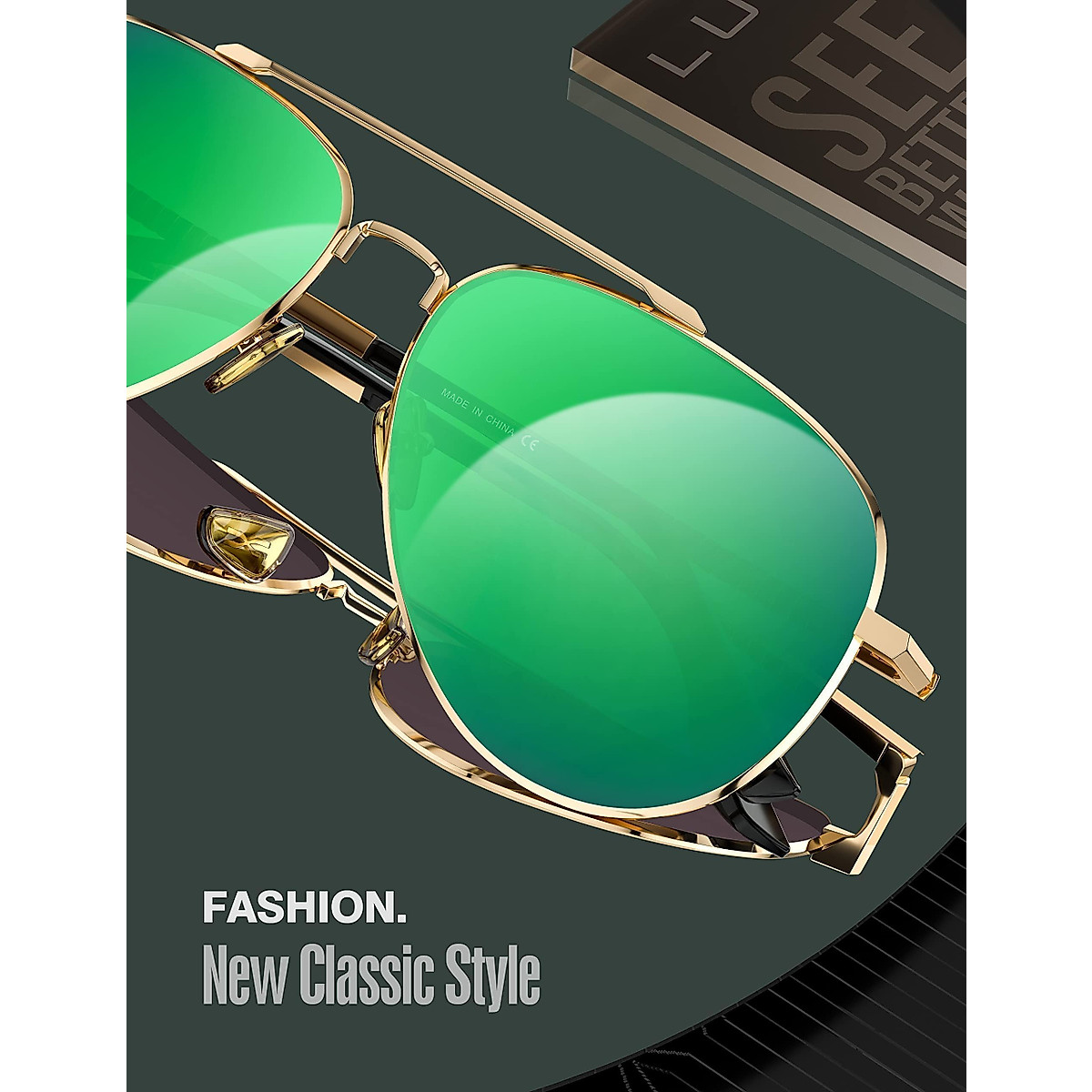 LUENX Men Aviator Sunglasses Polarized Womens Mirror Green Lens Metal Gold Frame Driving Shades Classic Style