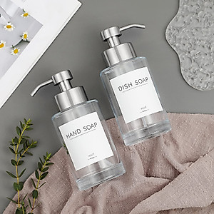 Foaming Soap Dispenser Set, 12 Oz Glass Hand Soap Dispenser with 304 Rust Proof Stainless Steel Pump, Waterproof Labels, for Bathroom Decor Kitchen College Dorm, Clear Silver Pump 2 Pack