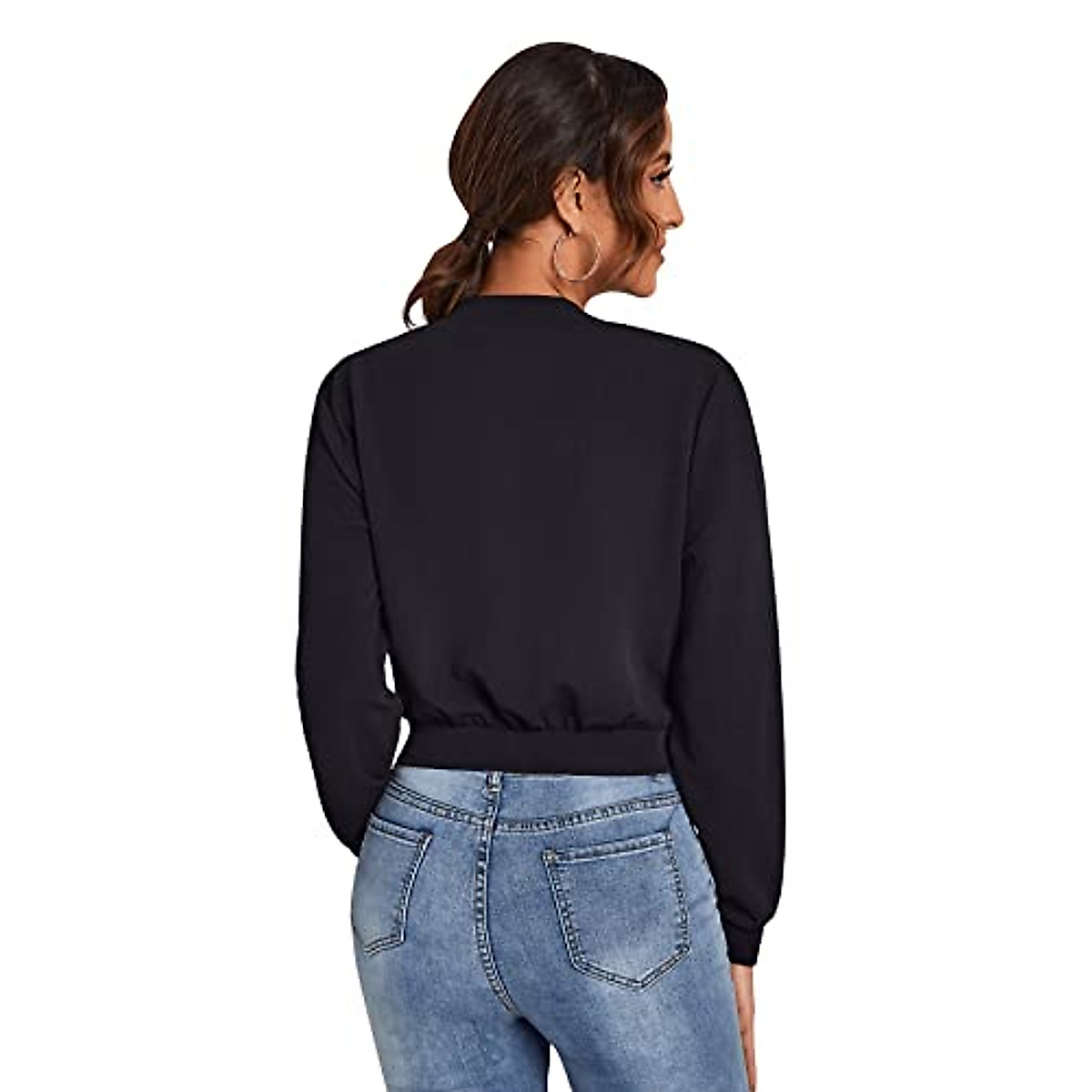 SweatyRocks Women's Casual Long Sleeve Solid Zip Up Coat Crop Bomber Jacket Black M