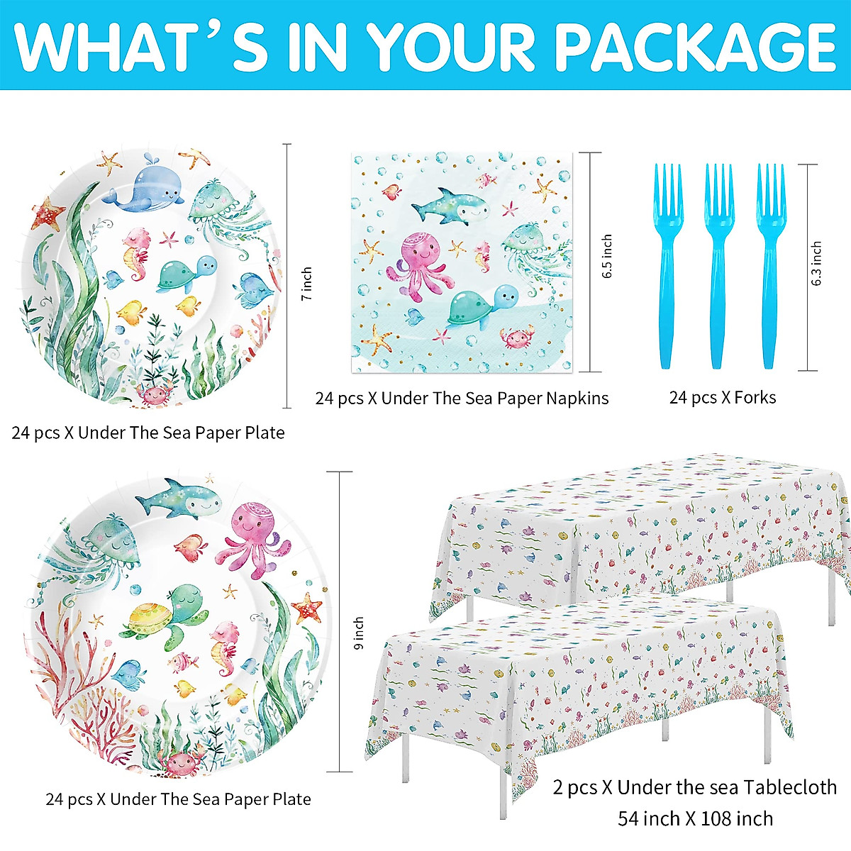 APOWBLS Under The Sea Party Decorations Dinnerware For Ocean Theme Birthday Baby Shower, Ocean Under The Sea Party Supplies, Plate, Napkin, Tablecloth, Underwater Sea Life Party Tableware, Serve 24