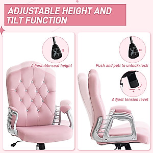 Vinsetto Home Office Chair, Velvet Computer Chair, Button Tufted Desk Chair with Swivel Wheels, Adjustable Height, and Tilt Function, Pink