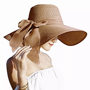 Lanzom Womens 5.5 Inches Big Bowknot Straw Hat Large Floppy Foldable Roll up Beach Cap Sun Hat UPF 50+One size(Khaki)